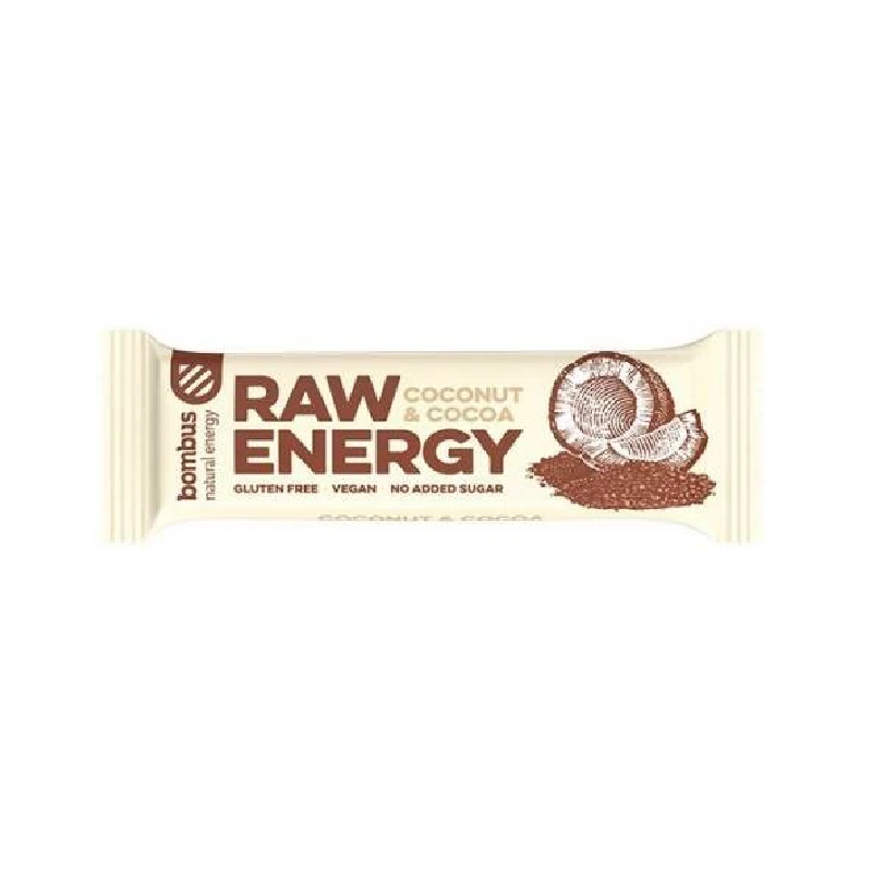 Baton energizant Raw Energy cu nuca de cocos si cacao, 50 g, Bombus