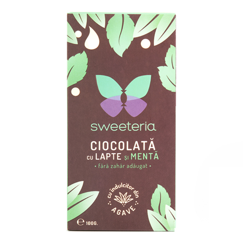 Ciocolata cu lapte, menta si indulcitor din agave, 100 g, Sweeteria