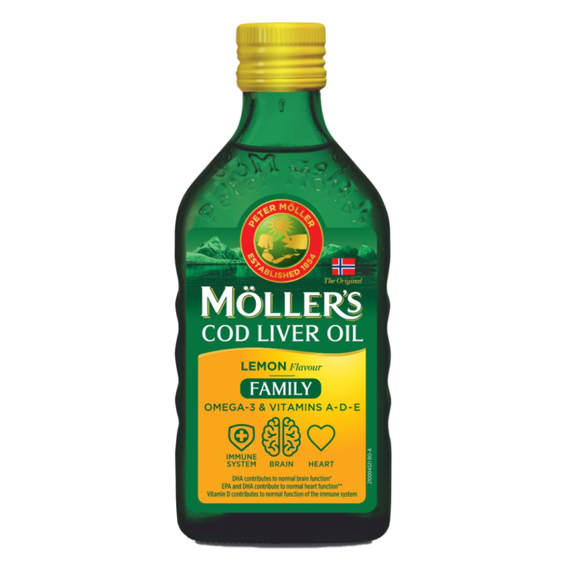Cod liver oil Omega 3 cu aroma de lamaie Family, 500 ml, Moller's
