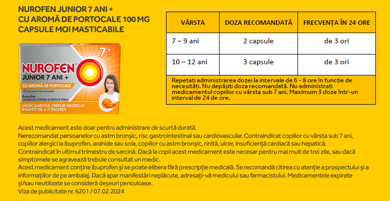 Nurofen Junior cu aroma de portocale 7+ ani, 100 mg, 24 capsule moi masticabile, Reckitt