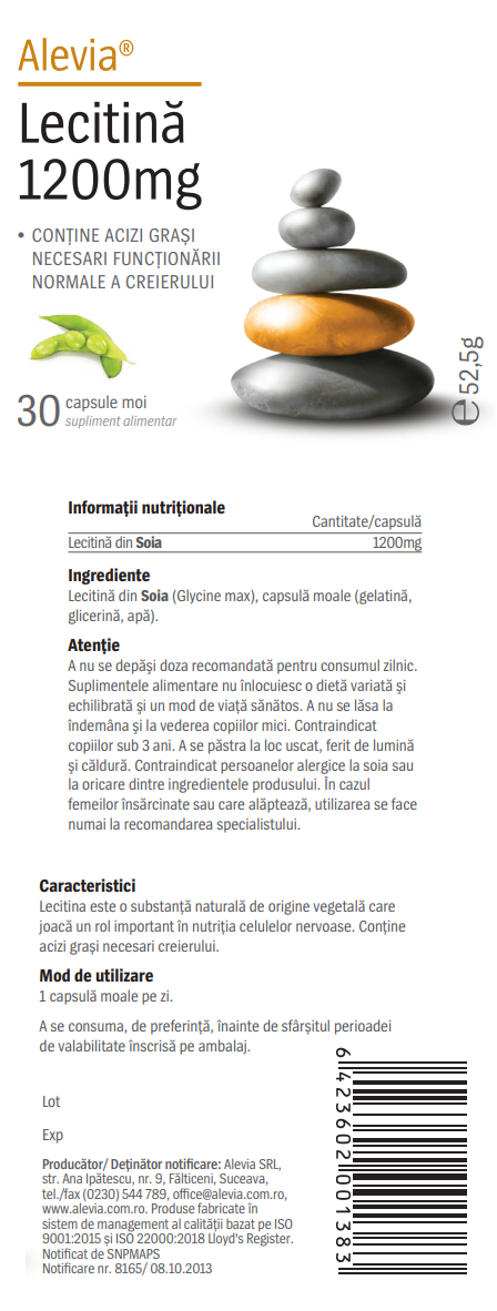 Lecitina 1200mg, 30 capsule, Alevia