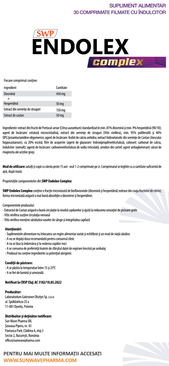 Endolex Complex, 30 comprimate filmate, Sun Wave Pharma - Vezi pretul ...