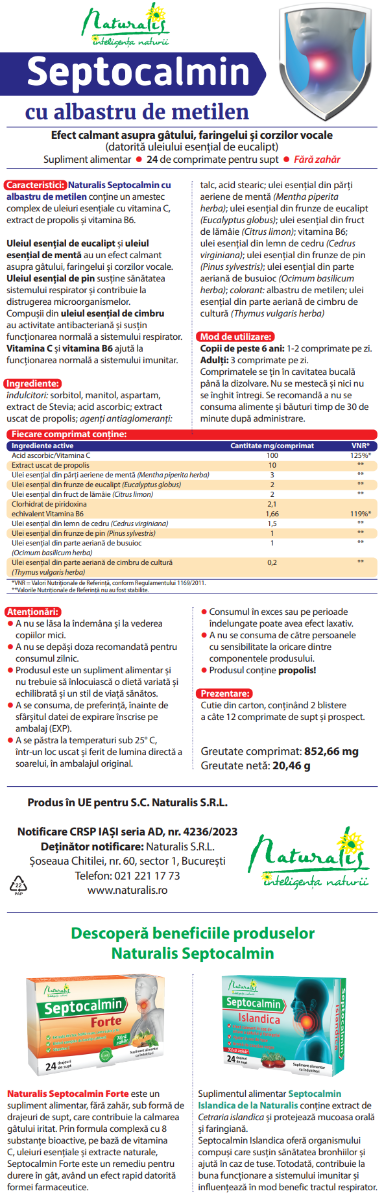 Septocalmin cu albastru de metilen, 24 de comprimate pentru supt, Naturalis