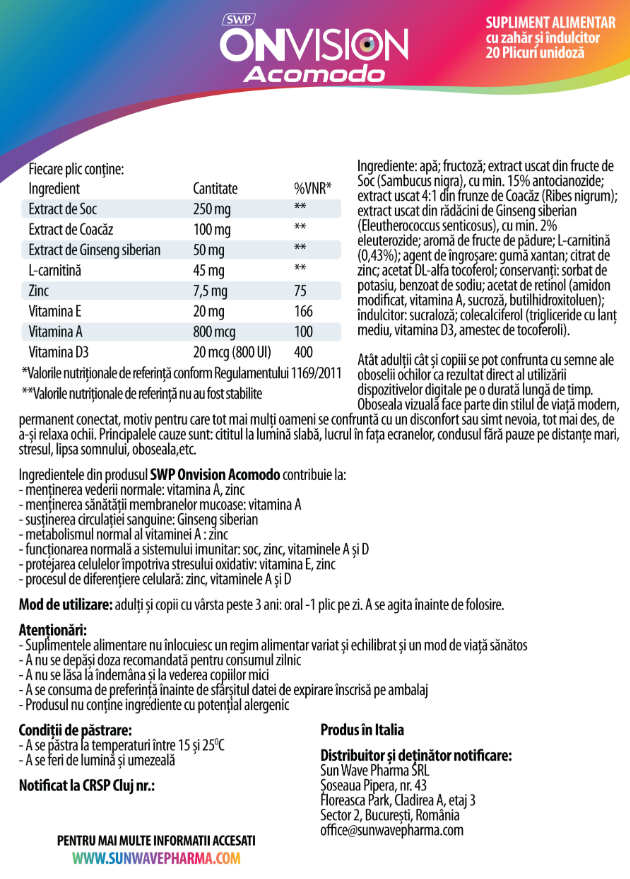 Onvision Acomodo, 20 plicuri, Sun Wave Pharma