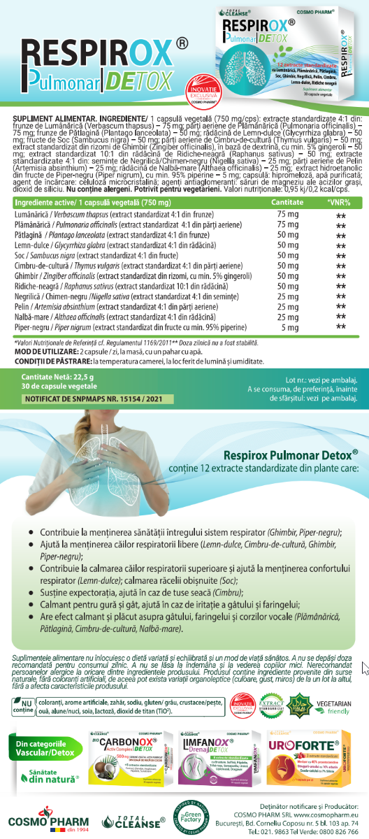 Respirox Pulmonar Detox 750mg, 30 capsule